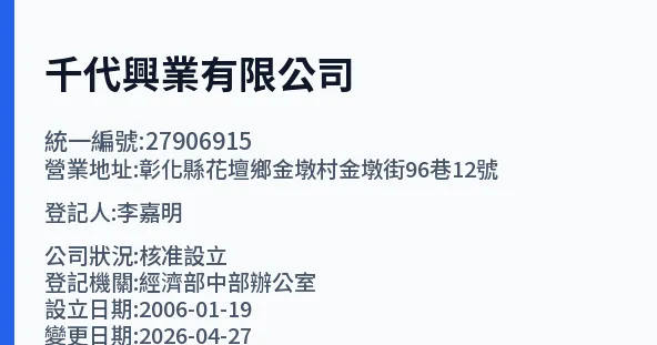 千代興業有限公司的照片-統編 27906915(彰化縣) 公司登記資料與營業項目詳細圖表