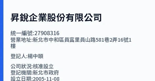 昇銳企業股份有限公司的照片-統編 27908316(新北市) 公司登記資料與營業項目詳細圖表