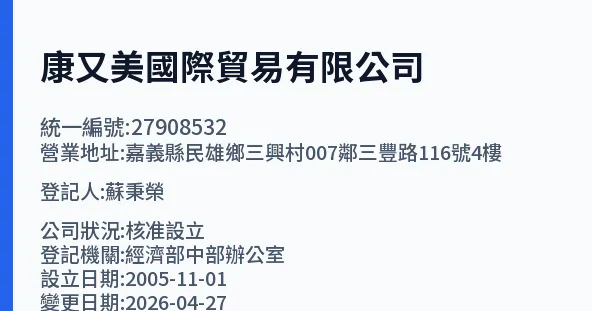 康又美國際貿易有限公司的照片-統編 27908532(嘉義縣) 公司登記資料與營業項目詳細圖表