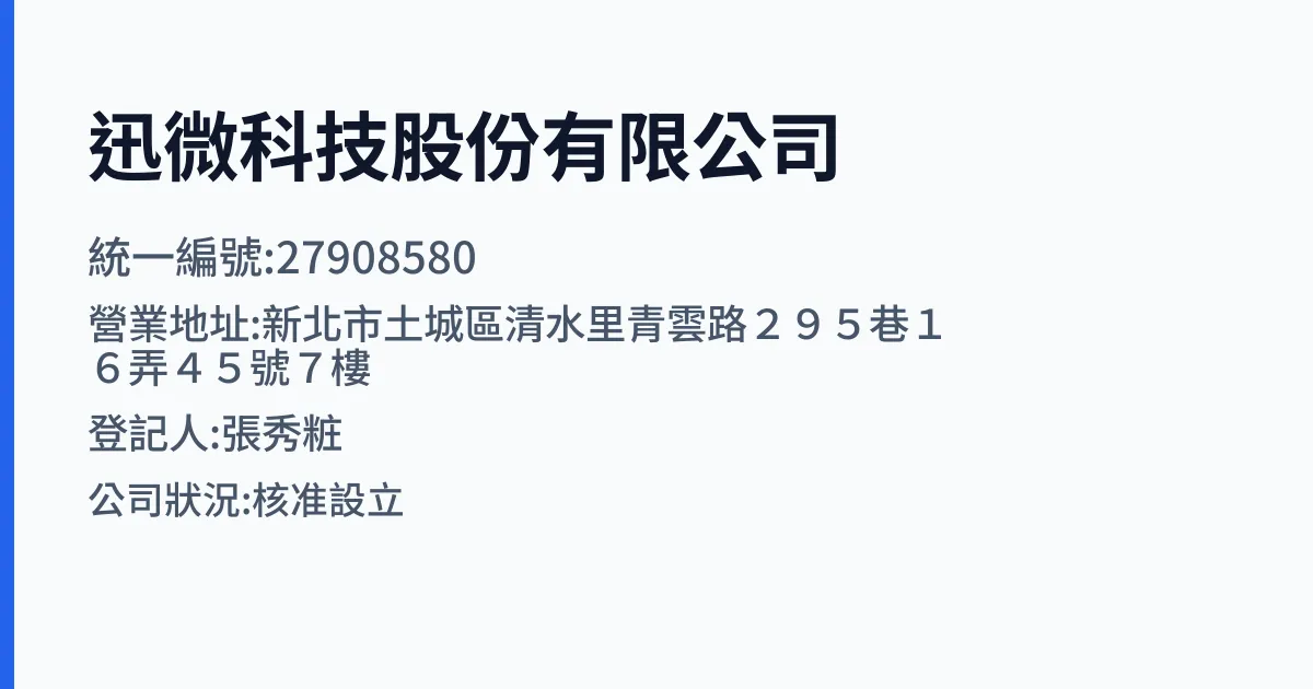 迅微科技股份有限公司 - 統編 27908580(新北市) 公司登記資料與營業項目詳細圖表