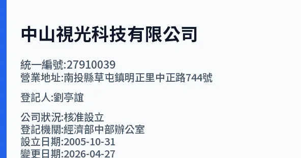 中山視光科技有限公司的照片-統編 27910039(南投縣) 公司登記資料與營業項目詳細圖表