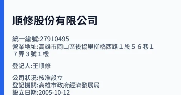 順修股份有限公司的照片-統編 27910495(高雄市) 公司登記資料與營業項目詳細圖表