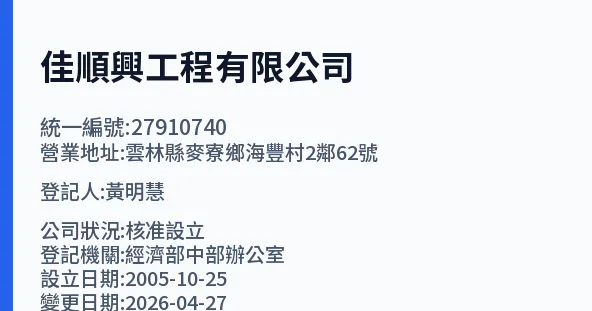佳順興工程有限公司的照片-統編 27910740(雲林縣) 公司登記資料與營業項目詳細圖表