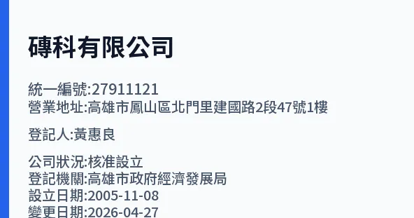 磚科有限公司的照片-統編 27911121(高雄市) 公司登記資料與營業項目詳細圖表