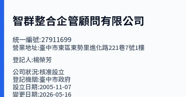 智群整合企管顧問有限公司的照片-統編 27911699(臺中市) 公司登記資料與營業項目詳細圖表