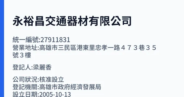 永裕昌交通器材有限公司的照片-統編 27911831(高雄市) 公司登記資料與營業項目詳細圖表