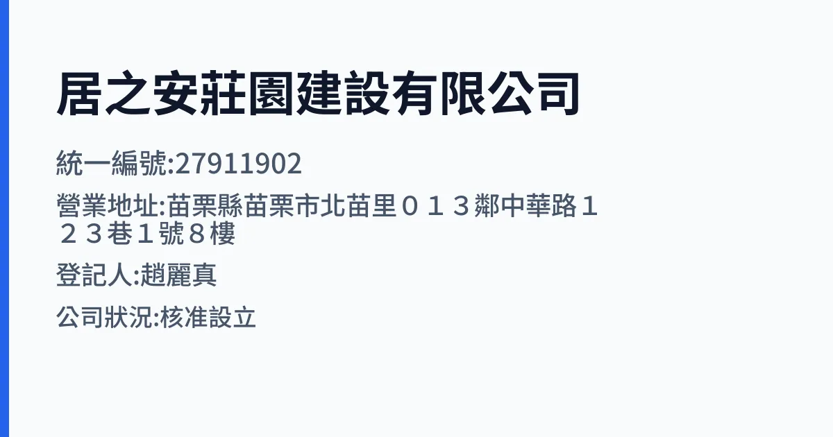 居之安莊園建設有限公司 - 統編 27911902(苗栗縣) 公司登記資料與營業項目詳細圖表