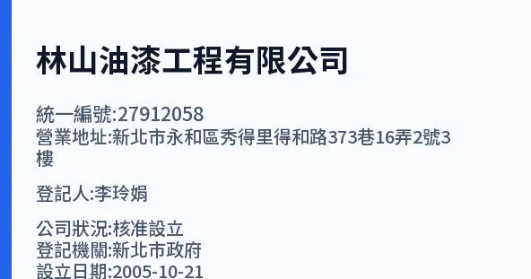 林山油漆工程有限公司的照片-統編 27912058(新北市) 公司登記資料與營業項目詳細圖表