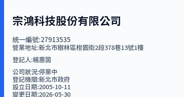 宗鴻科技股份有限公司的照片-統編 27913535(新北市) 公司登記資料與營業項目詳細圖表