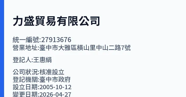 力盛貿易有限公司的照片-統編 27913676(臺中市) 公司登記資料與營業項目詳細圖表