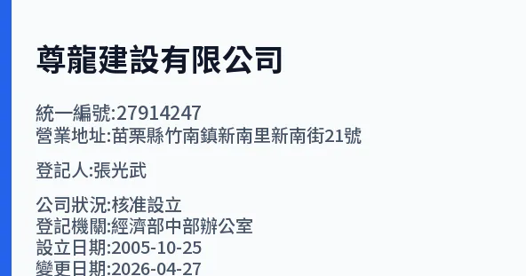 尊龍建設有限公司的照片-統編 27914247(苗栗縣) 公司登記資料與營業項目詳細圖表