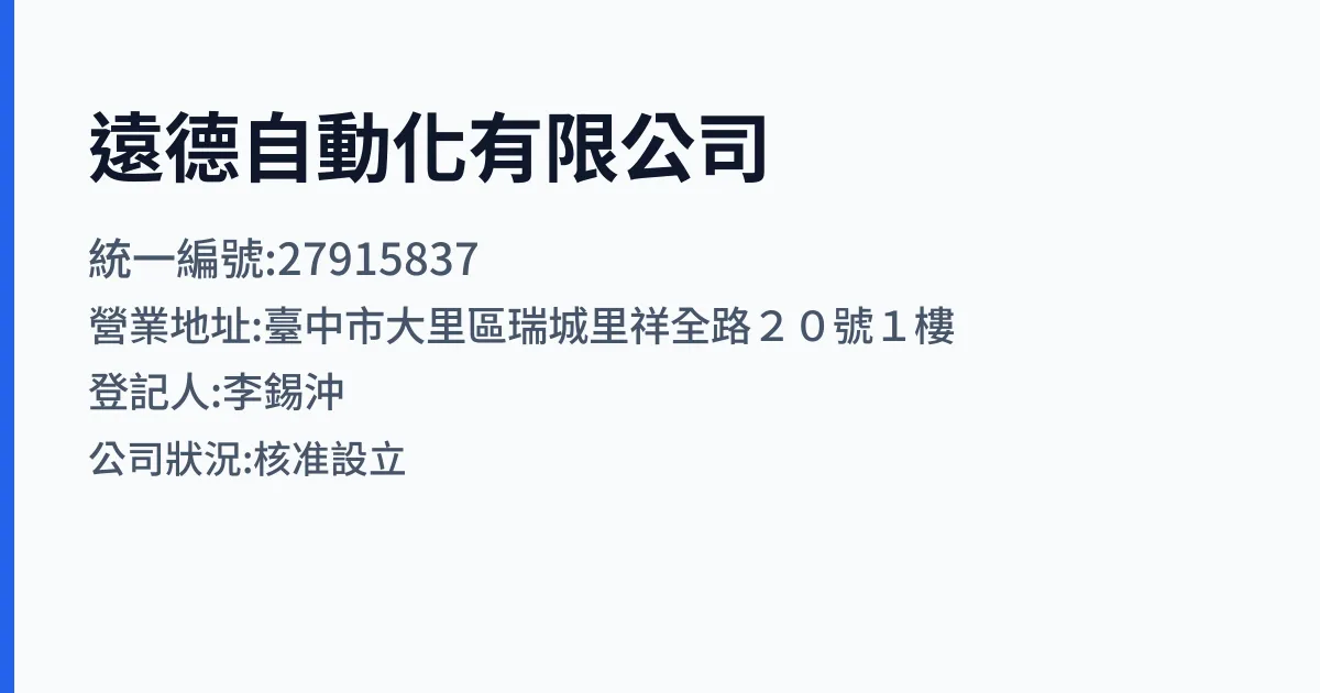 遠德自動化有限公司 - 統編 27915837(臺中市) 公司登記資料與營業項目詳細圖表