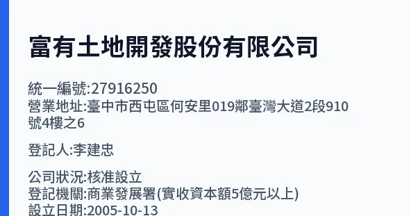 富有土地開發股份有限公司的照片-統編 27916250(臺中市) 公司登記資料與營業項目詳細圖表