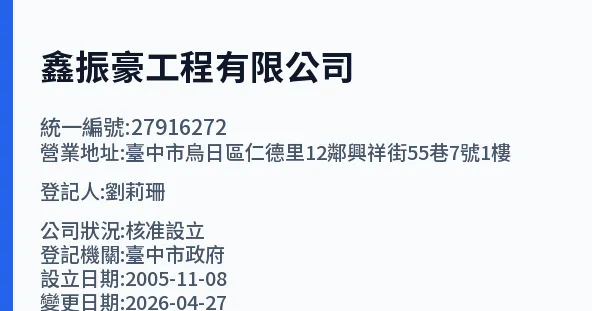 鑫振豪工程有限公司的照片-統編 27916272(臺中市) 公司登記資料與營業項目詳細圖表