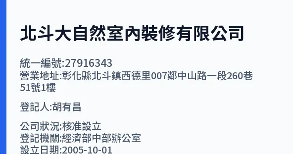 北斗大自然室內裝修有限公司的照片-統編 27916343(彰化縣) 公司登記資料與營業項目詳細圖表
