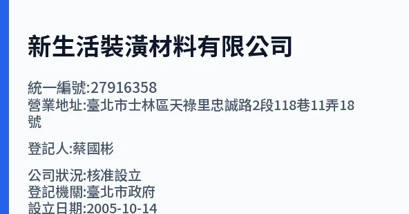 新生活裝潢材料有限公司的照片-統編 27916358(臺北市) 公司登記資料與營業項目詳細圖表