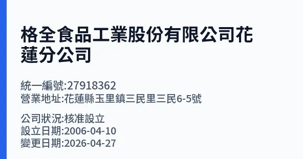 格全食品工業股份有限公司花蓮分公司的照片-統編 27918362(花蓮縣) 公司登記資料與營業項目詳細圖表