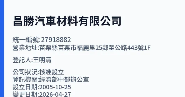 昌勝汽車材料有限公司的照片-統編 27918882(苗栗縣) 公司登記資料與營業項目詳細圖表