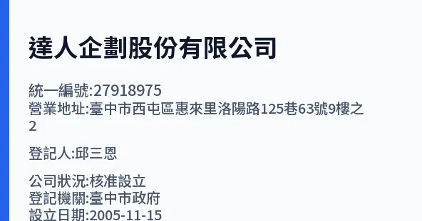 達人企劃股份有限公司的照片-統編 27918975(臺中市) 公司登記資料與營業項目詳細圖表