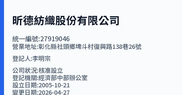昕德紡織股份有限公司的照片-統編 27919046(彰化縣) 公司登記資料與營業項目詳細圖表