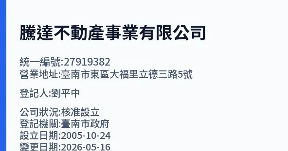騰達不動產事業有限公司的照片-統編 27919382(臺南市) 公司登記資料與營業項目詳細圖表