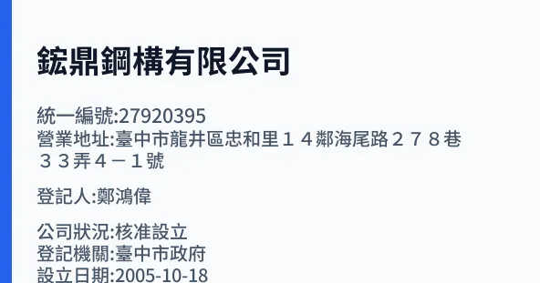 鋐鼎鋼構有限公司的照片-統編 27920395(臺中市) 公司登記資料與營業項目詳細圖表