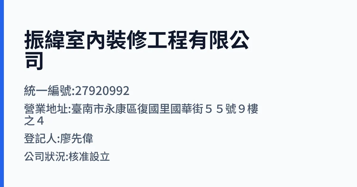 振緯室內裝修工程有限公司 - 統編 27920992(臺南市) 公司登記資料與營業項目詳細圖表