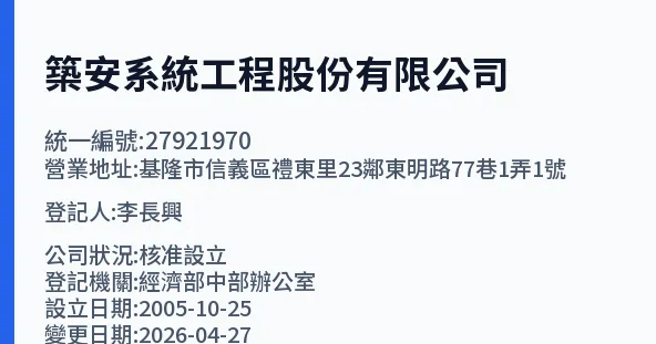 築安系統工程股份有限公司的照片-統編 27921970(基隆市) 公司登記資料與營業項目詳細圖表