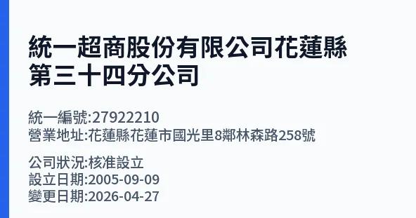 統一超商股份有限公司花蓮縣第三十四分公司的照片-統編 27922210(花蓮縣) 公司登記資料與營業項目詳細圖表