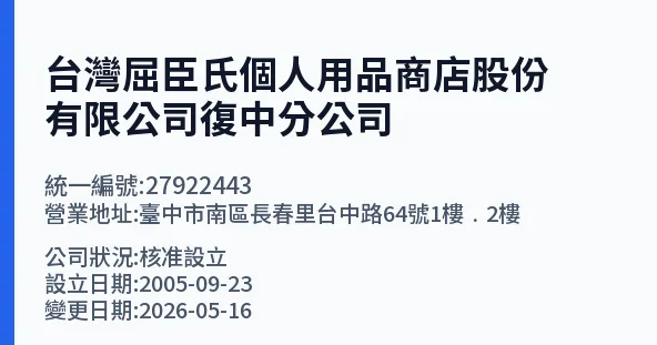 台灣屈臣氏個人用品商店股份有限公司復中分公司的照片-統編 27922443(臺中市) 公司登記資料與營業項目詳細圖表