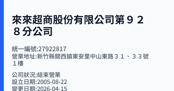 來來超商股份有限公司第９２８分公司的照片-統編 27922817(新竹縣) 公司登記資料與營業項目詳細圖表