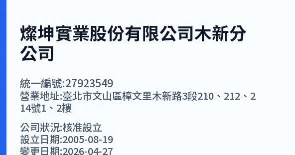 燦坤實業股份有限公司木新分公司的照片-統編 27923549(臺北市) 公司登記資料與營業項目詳細圖表
