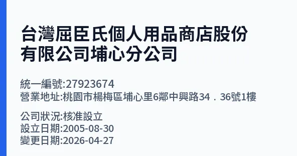 台灣屈臣氏個人用品商店股份有限公司埔心分公司的照片-統編 27923674(桃園市) 公司登記資料與營業項目詳細圖表