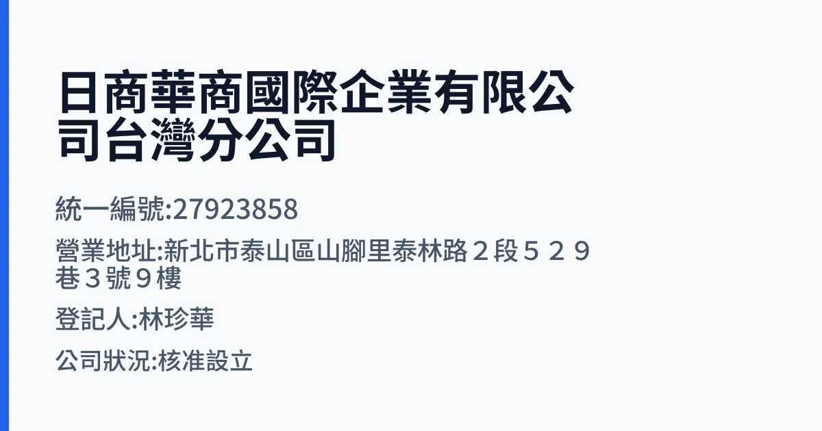 日商華商國際企業有限公司台灣分公司 - 統編 27923858(新北市) 公司登記資料與營業項目詳細圖表