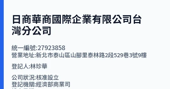 日商華商國際企業有限公司台灣分公司的照片-統編 27923858(新北市) 公司登記資料與營業項目詳細圖表