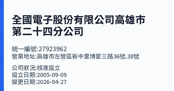 全國電子股份有限公司高雄市第二十四分公司的照片-統編 27923962(高雄市) 公司登記資料與營業項目詳細圖表