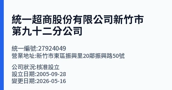 統一超商股份有限公司新竹市第九十二分公司的照片-統編 27924049(新竹市) 公司登記資料與營業項目詳細圖表