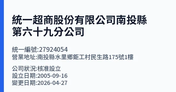 統一超商股份有限公司南投縣第六十九分公司的照片-統編 27924054(南投縣) 公司登記資料與營業項目詳細圖表