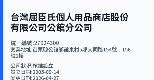 台灣屈臣氏個人用品商店股份有限公司公館分公司的照片-統編 27924300(苗栗縣) 公司登記資料與營業項目詳細圖表