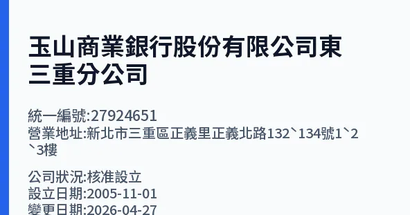 玉山商業銀行股份有限公司東三重分公司的照片-統編 27924651(新北市) 公司登記資料與營業項目詳細圖表