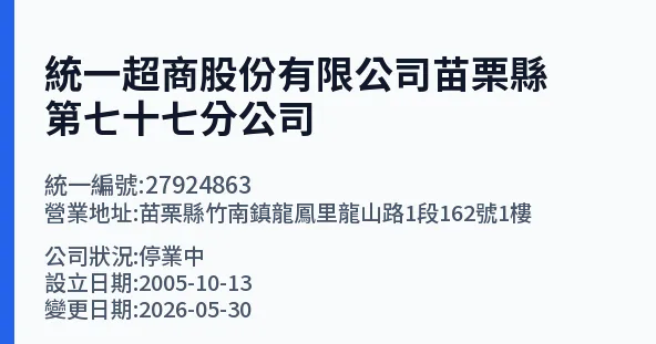 統一超商股份有限公司苗栗縣第七十七分公司的照片-統編 27924863(苗栗縣) 公司登記資料與營業項目詳細圖表