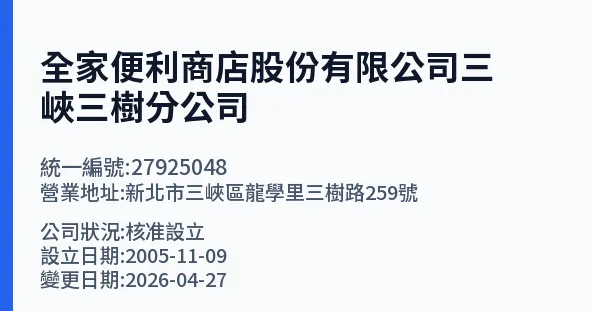 全家便利商店股份有限公司三峽三樹分公司的照片-統編 27925048(新北市) 公司登記資料與營業項目詳細圖表