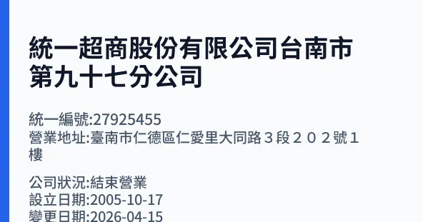 統一超商股份有限公司台南市第九十七分公司的照片-統編 27925455(臺南市) 公司登記資料與營業項目詳細圖表
