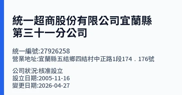 統一超商股份有限公司宜蘭縣第三十一分公司的照片-統編 27926258(宜蘭縣) 公司登記資料與營業項目詳細圖表
