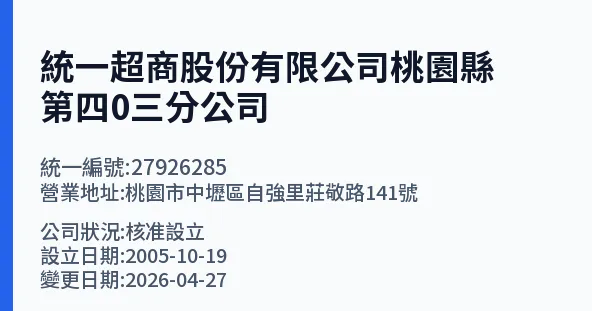 統一超商股份有限公司桃園縣第四0三分公司的照片-統編 27926285(桃園市) 公司登記資料與營業項目詳細圖表