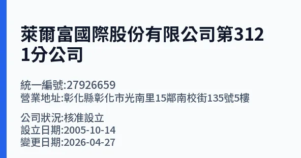 萊爾富國際股份有限公司第3121分公司的照片-統編 27926659(彰化縣) 公司登記資料與營業項目詳細圖表