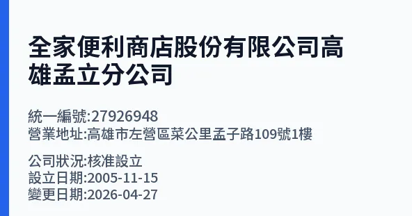 全家便利商店股份有限公司高雄孟立分公司的照片-統編 27926948(高雄市) 公司登記資料與營業項目詳細圖表