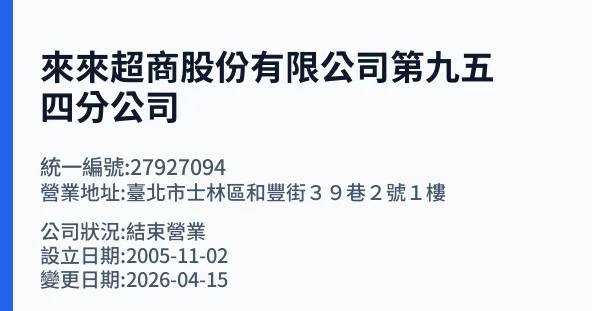 來來超商股份有限公司第九五四分公司的照片-統編 27927094(臺北市) 公司登記資料與營業項目詳細圖表