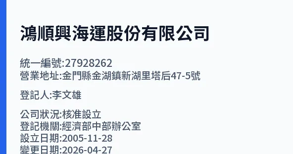 鴻順興海運股份有限公司的照片-統編 27928262(金門縣) 公司登記資料與營業項目詳細圖表
