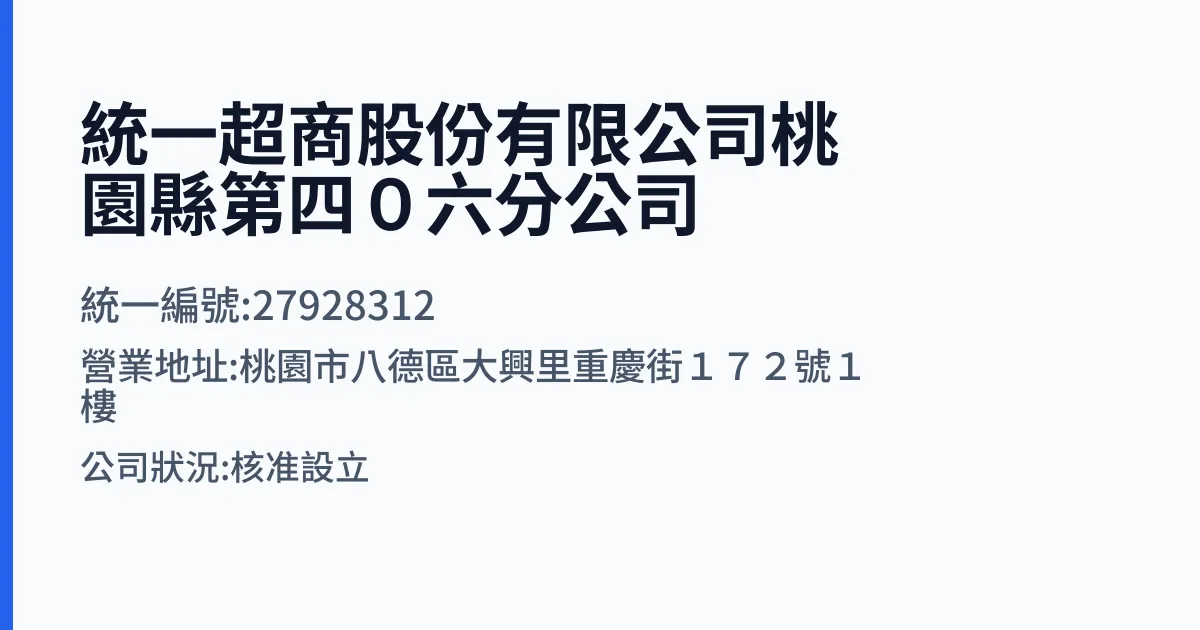 統一超商股份有限公司桃園縣第四0六分公司 - 統編 27928312(桃園市) 公司登記資料與營業項目詳細圖表